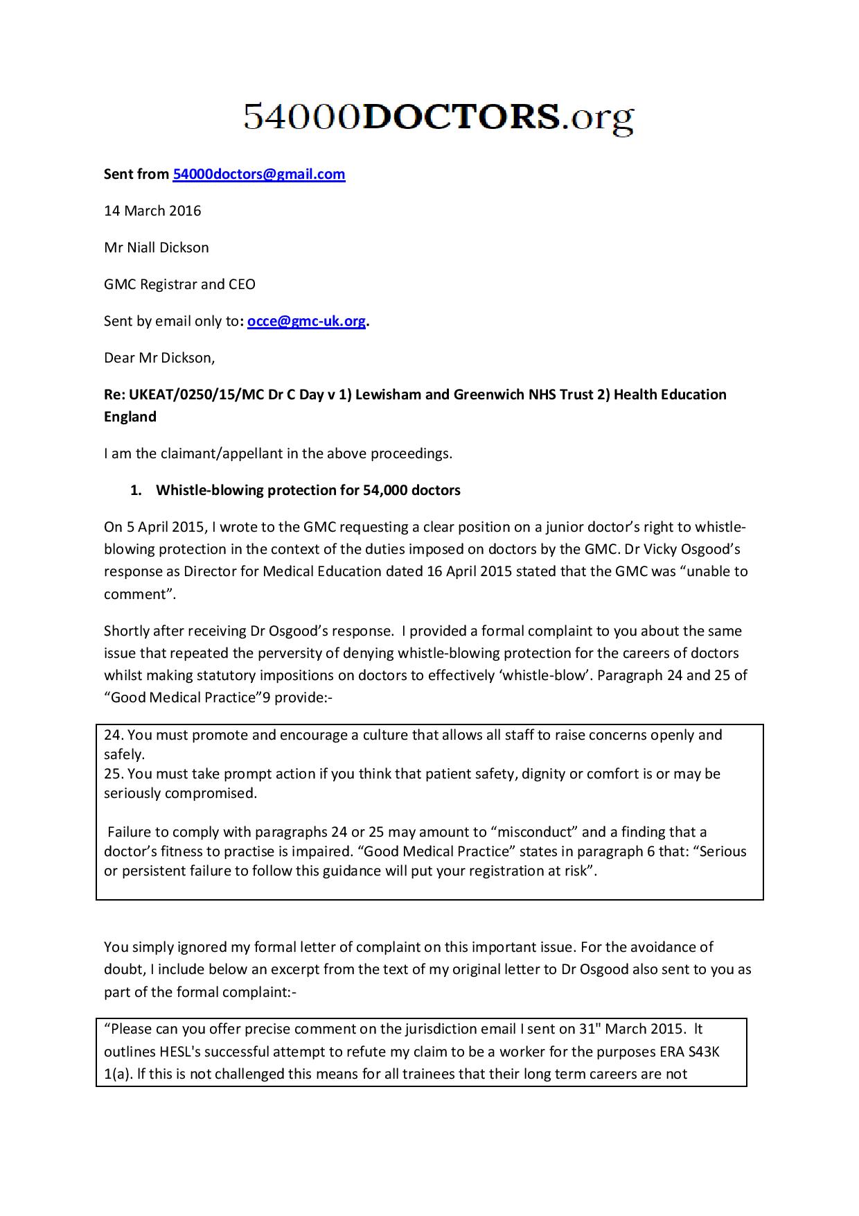 Letter from Dr Day to GMC dated March 14 2016